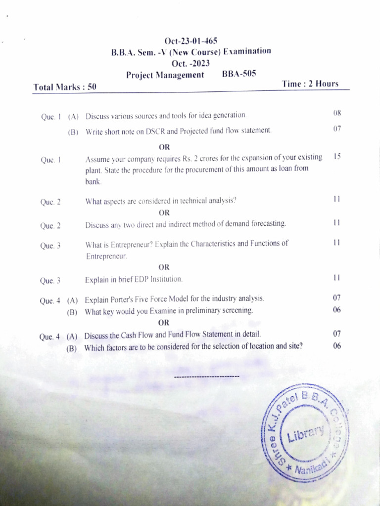 BBA Project Management Exam 2023 | PDF