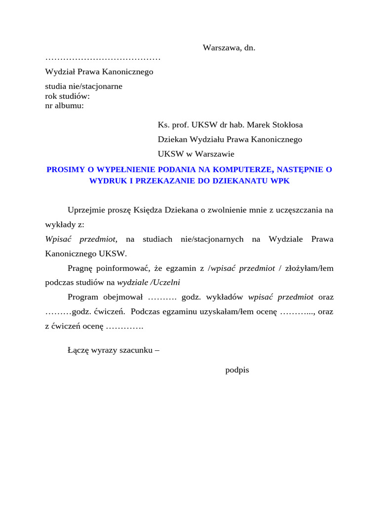 Podanie o Zwolnienie Z Uczęszczania Na Wyklady Z Przedmiotu - 1 | PDF