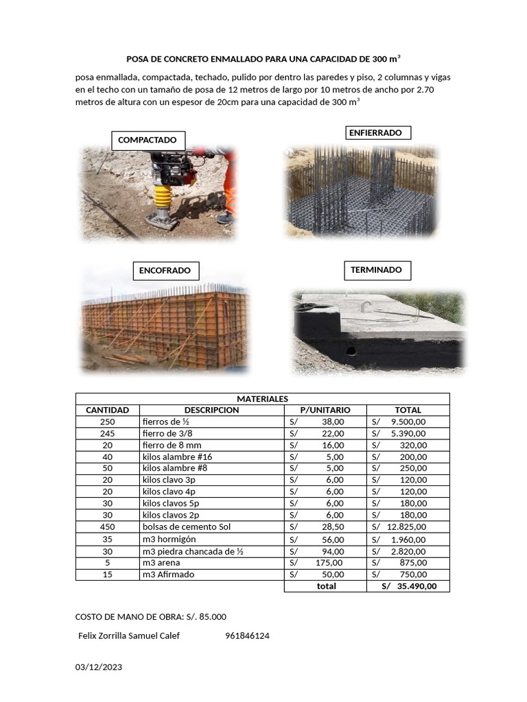 Posa de Concreto Enmallado para Una Capacidad de 300 m3 | PDF