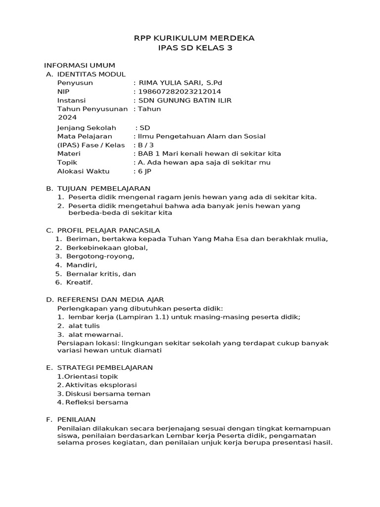 RPP Kurikulum Merdeka Ipas SD Kelas 3 | PDF