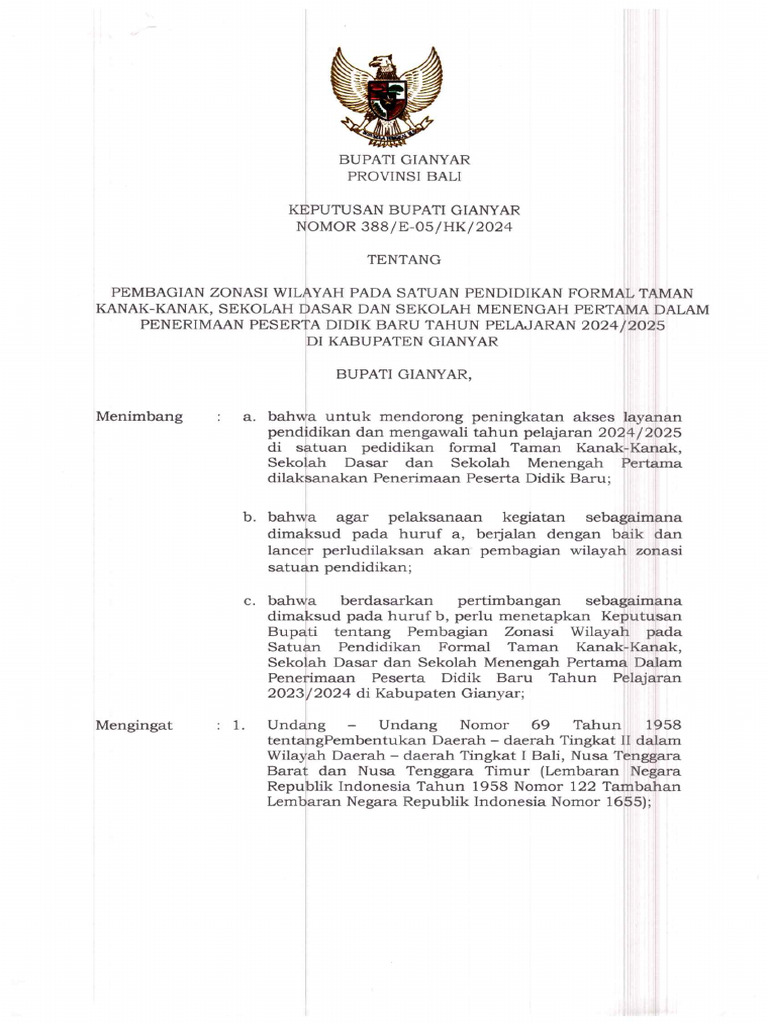 SK Zonasi PPDB 2024 - TTD Cap Bupati | PDF