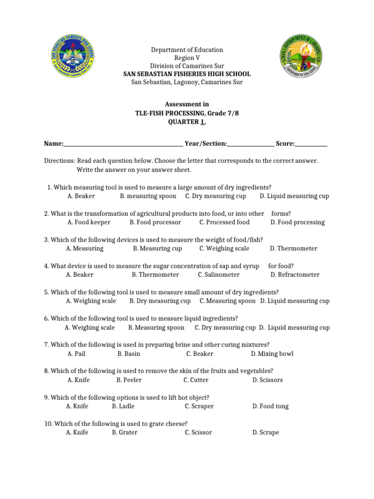 Assessment Fish Processing TLE 8 Q1 | PDF