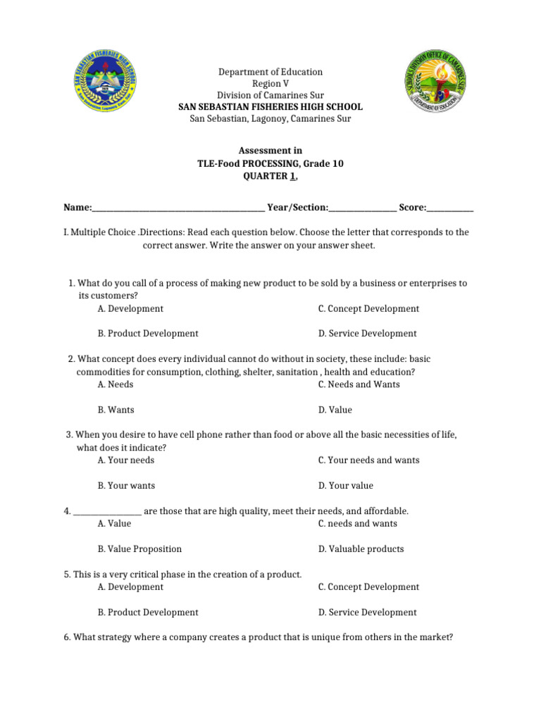 Assessment Food Processing in TLE 10 Q1 | PDF