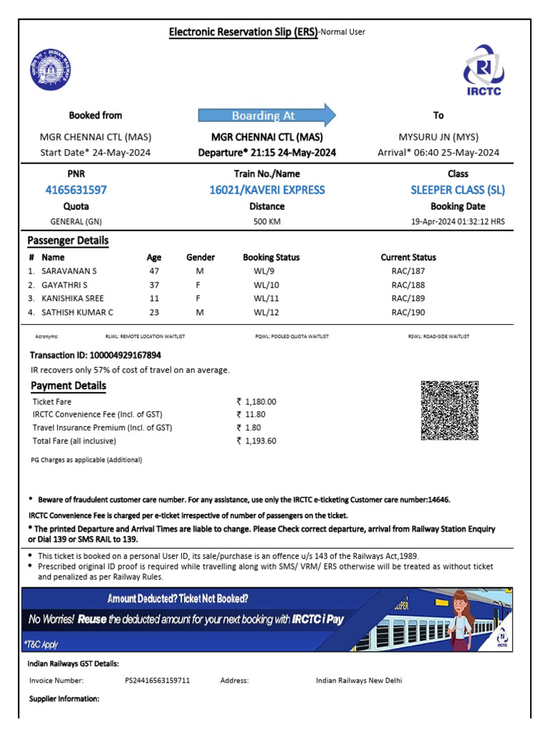 16021/kaveri Express Sleeper Class (SL) | PDF