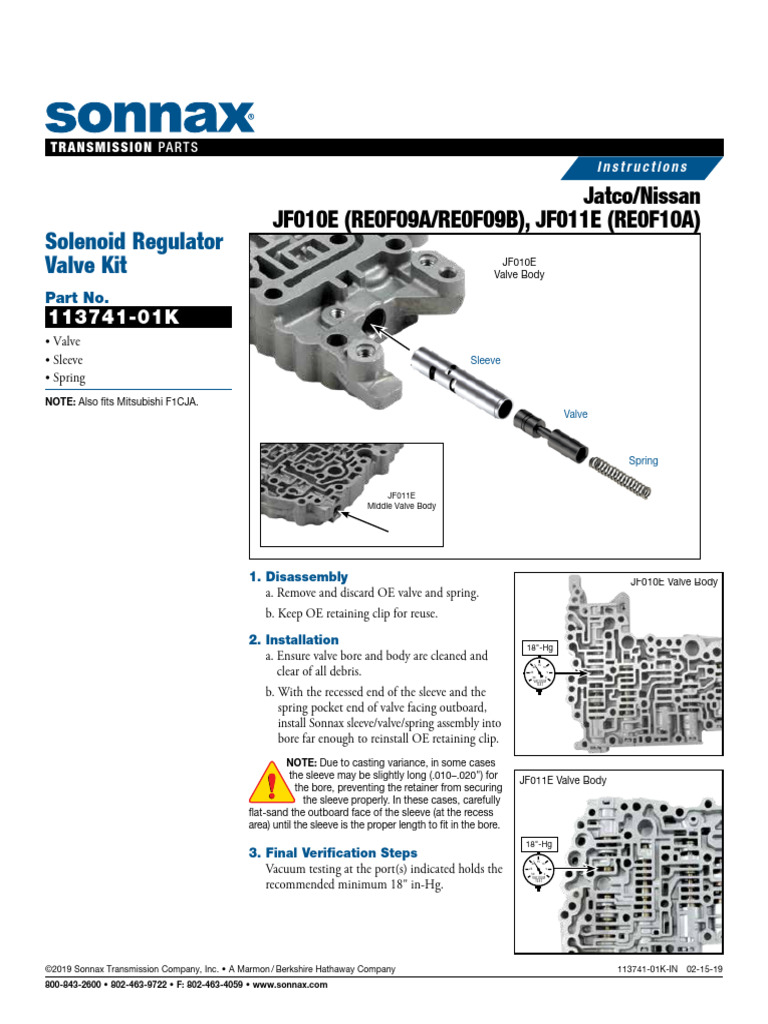 Solenoid Regulator Valve Kit: Jatco/Nissan JF010E (RE0F09A/RE0F09B ...