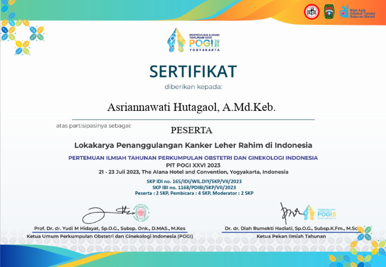 Sertifikat Lokakarya Penanggulangan Kanker Leher Rahim 23 Juli 2023 | PDF
