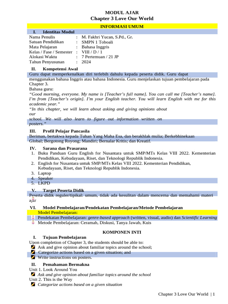 Modul Ajar Bahasa Inggris Fase D Kelas 8 Chapter 3 | PDF