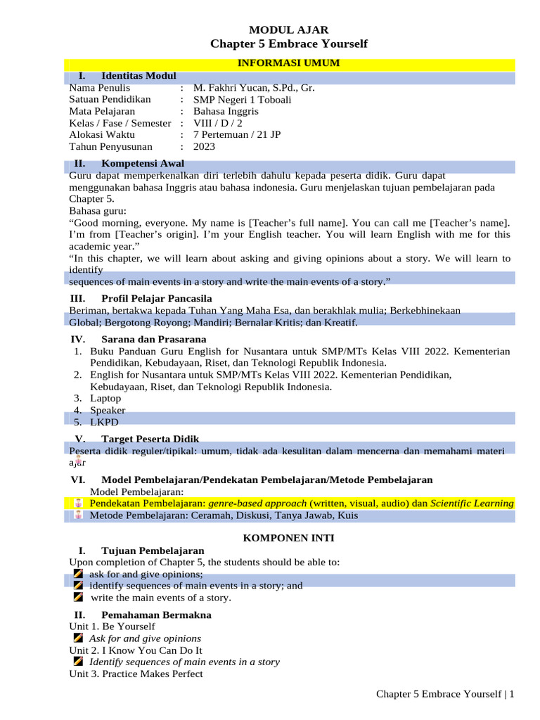 Modul Ajar Bahasa Inggris Fase D Kelas 8 Chapter 5 | PDF