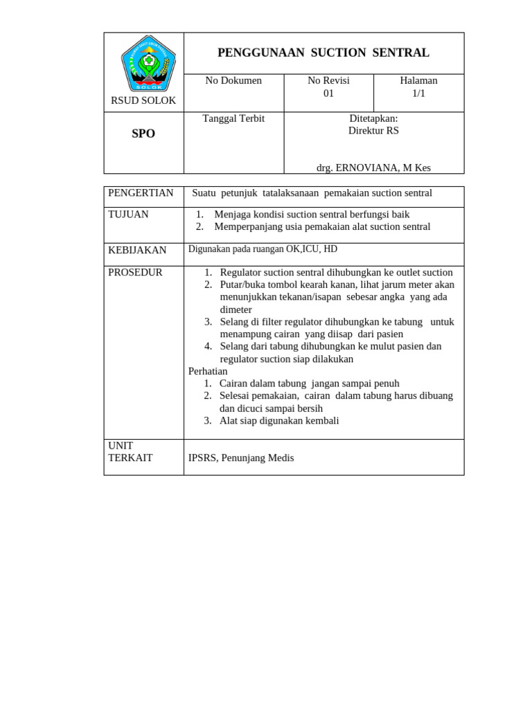 SPO Penggunaan Suction Sentral | PDF