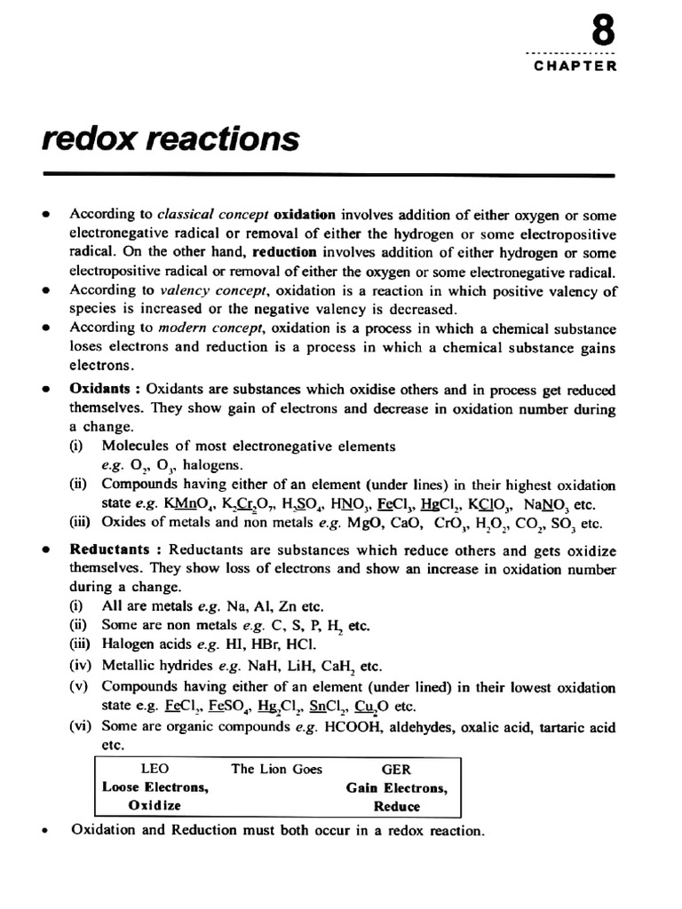 Notes of Chapter Redox Reactions Class XI | PDF