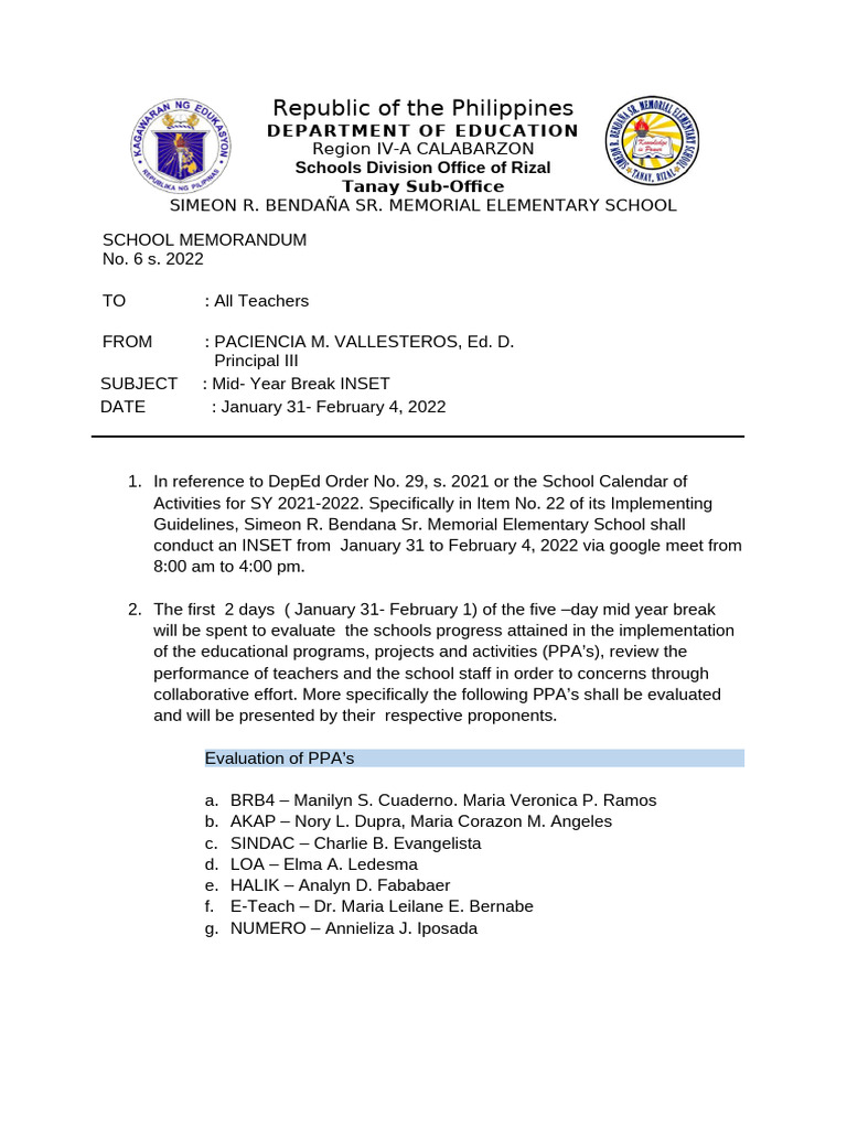School Memo On Mid Year Break Inset | PDF