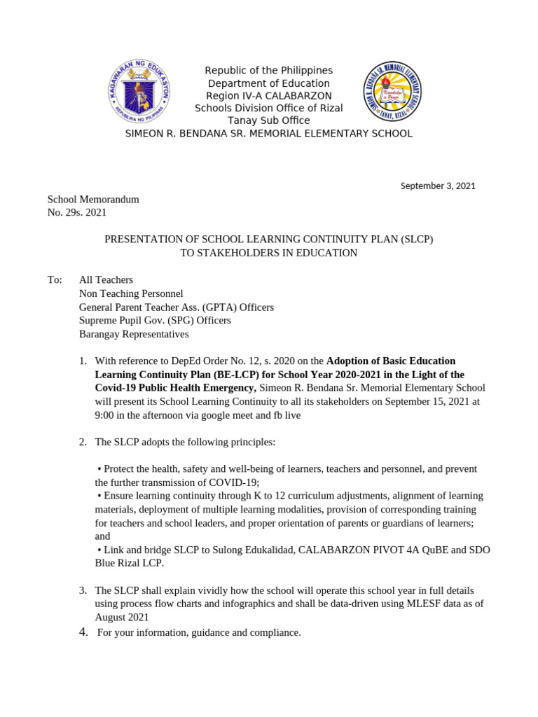 School Memo On LCP Presentation | PDF