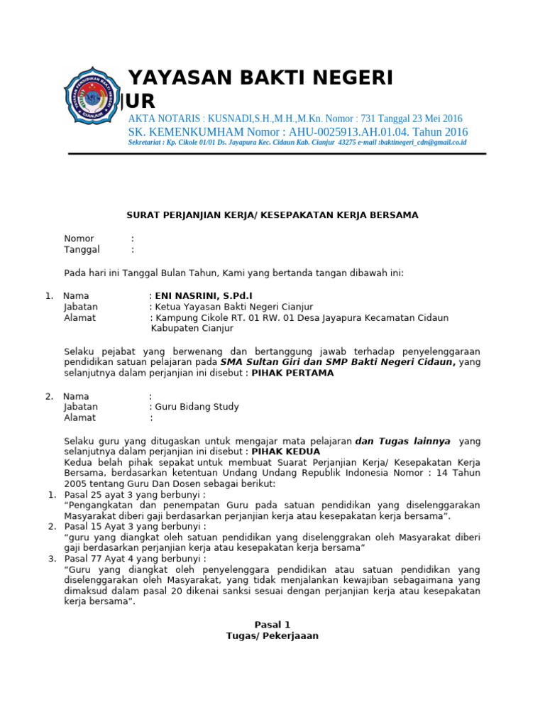 Perjanjian Kontrak Kerja Yayasan 1 | PDF