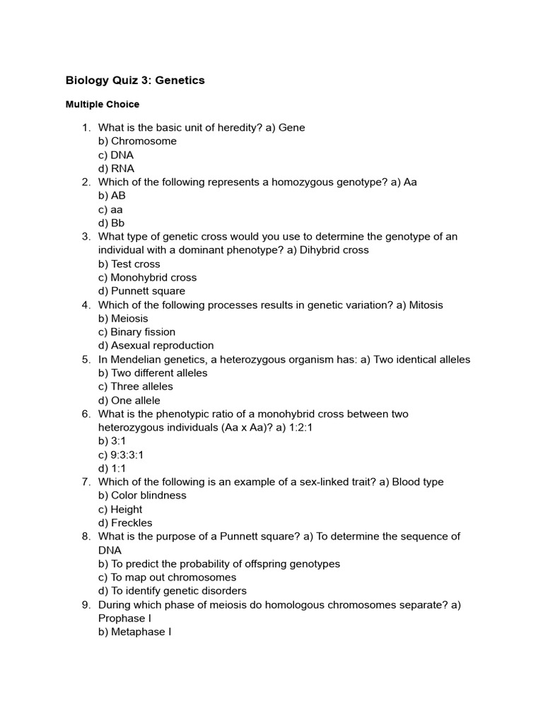 Biology Quiz 3 - Genetics | PDF