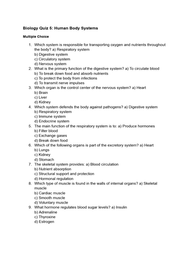 Biology Quiz 5 - Human Body Systems | PDF