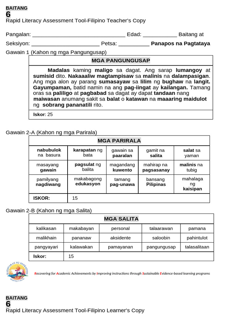 RLA Fil Grade6 Pretest Final | PDF