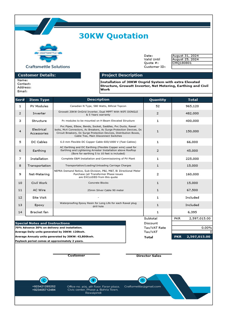 CM - 30KW Cost To Cost Ongrid - Elevated Structure - Quotation Final | PDF | Photovoltaics ...