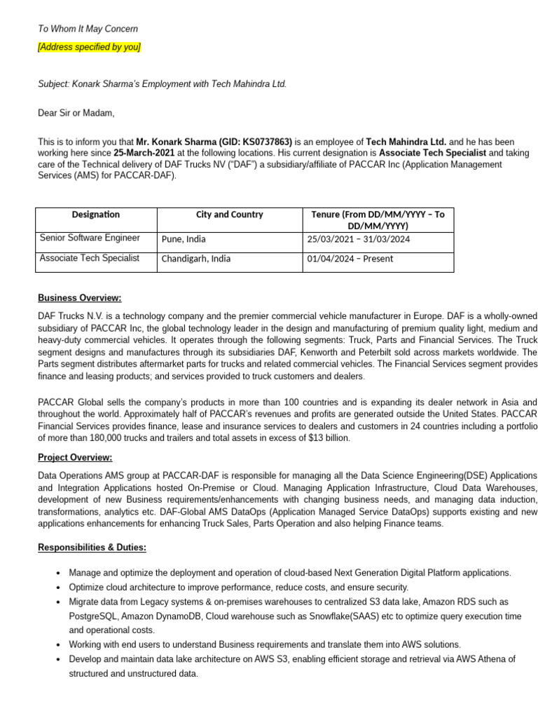 TechM Current Country Experience Letter - Depute [for PR]_737863 | PDF