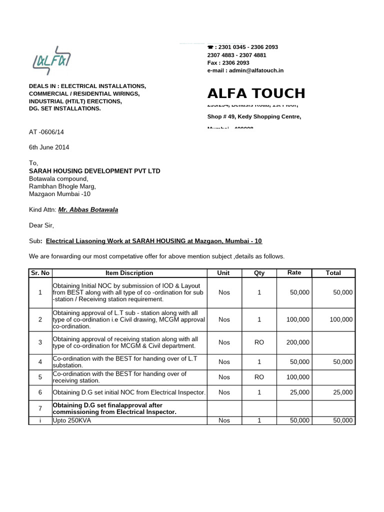 Electrical Liaison quotation-SAHARA HSG-2 | PDF