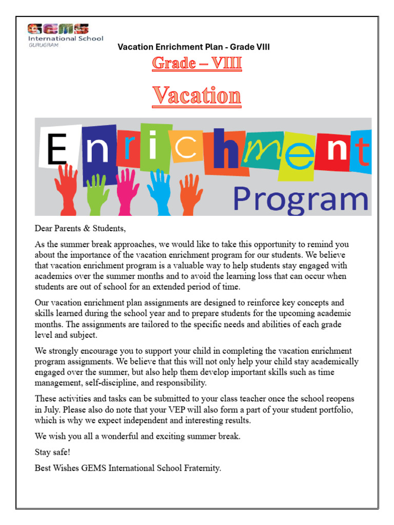 Grade VIII - Vacation Enrichment Plan | PDF