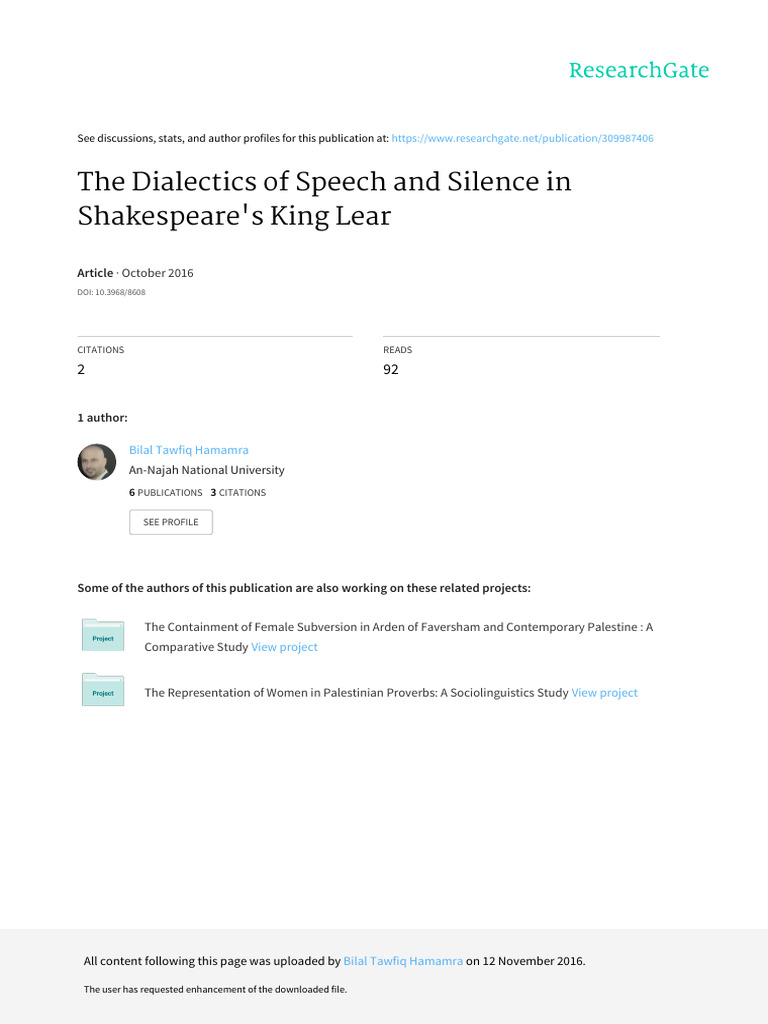 The Dialectics of Speech and Silence in Shakespeare's King Lear | PDF