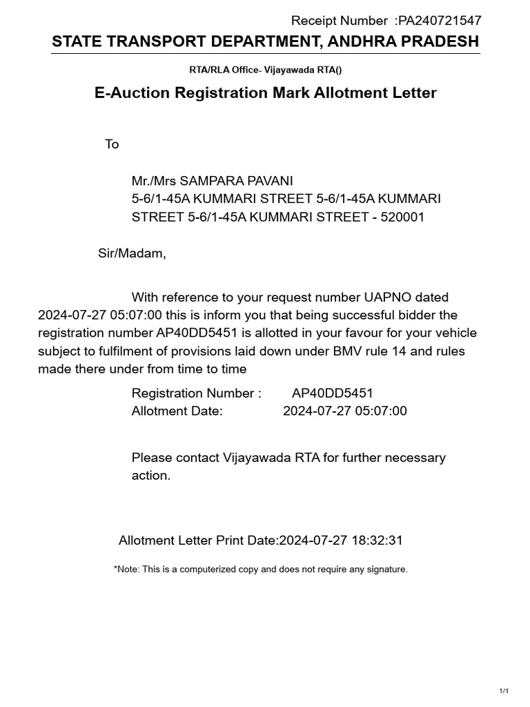 5451 Allotment Letter | PDF