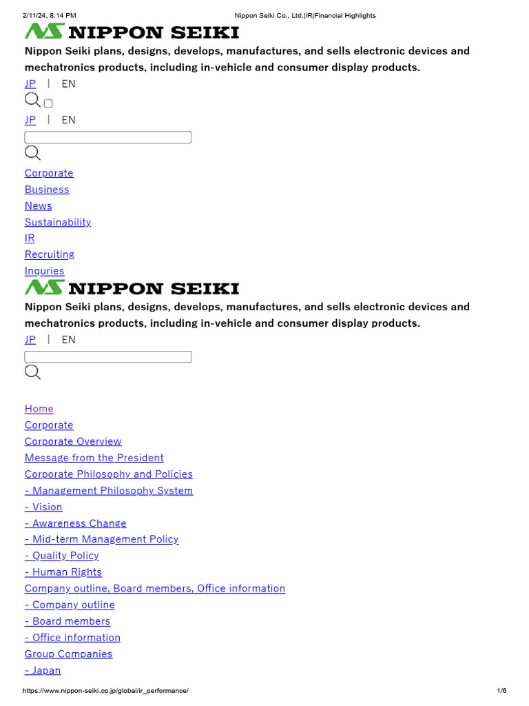 Nippon Seiki Co., Ltd. - IR - Financial Highlights | PDF