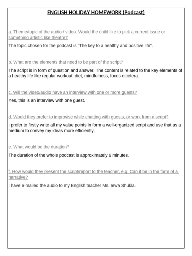 English Holiday Homework | PDF