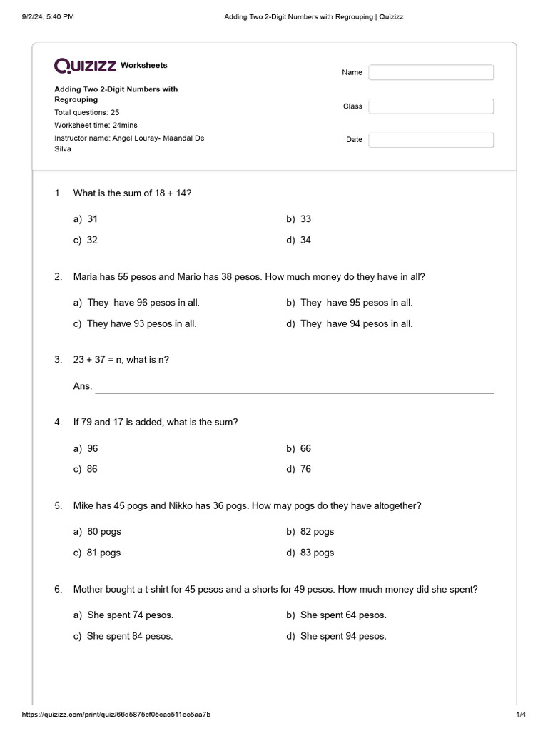 Adding Two 2-Digit Numbers With Regrouping - Quizizz | PDF