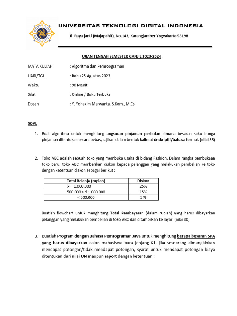 Soal UTS Algoritma Ganjil 2023-2024 | PDF