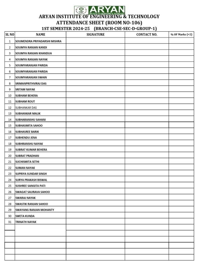 CSE 1st Semester Attendance Sheet 2024-25 | PDF