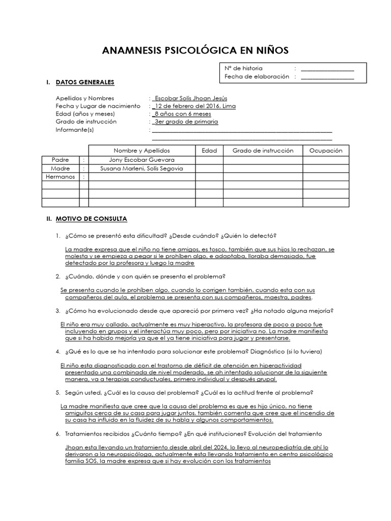 Anamnesis Psicológica Niños | PDF