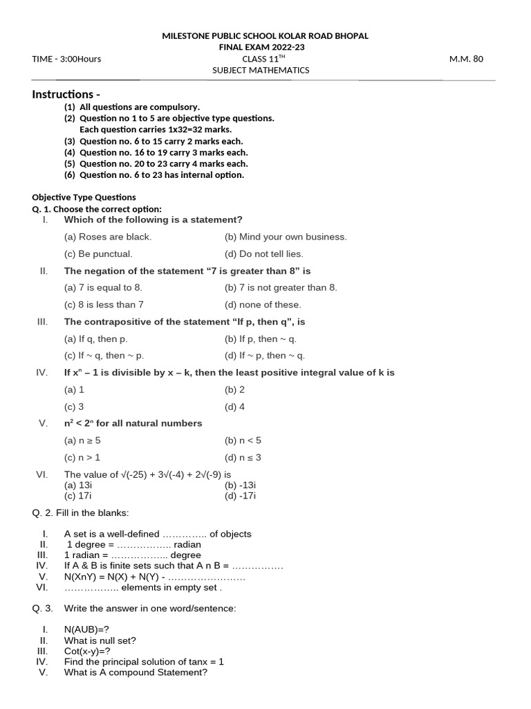 Class 11 Maths Paper | PDF