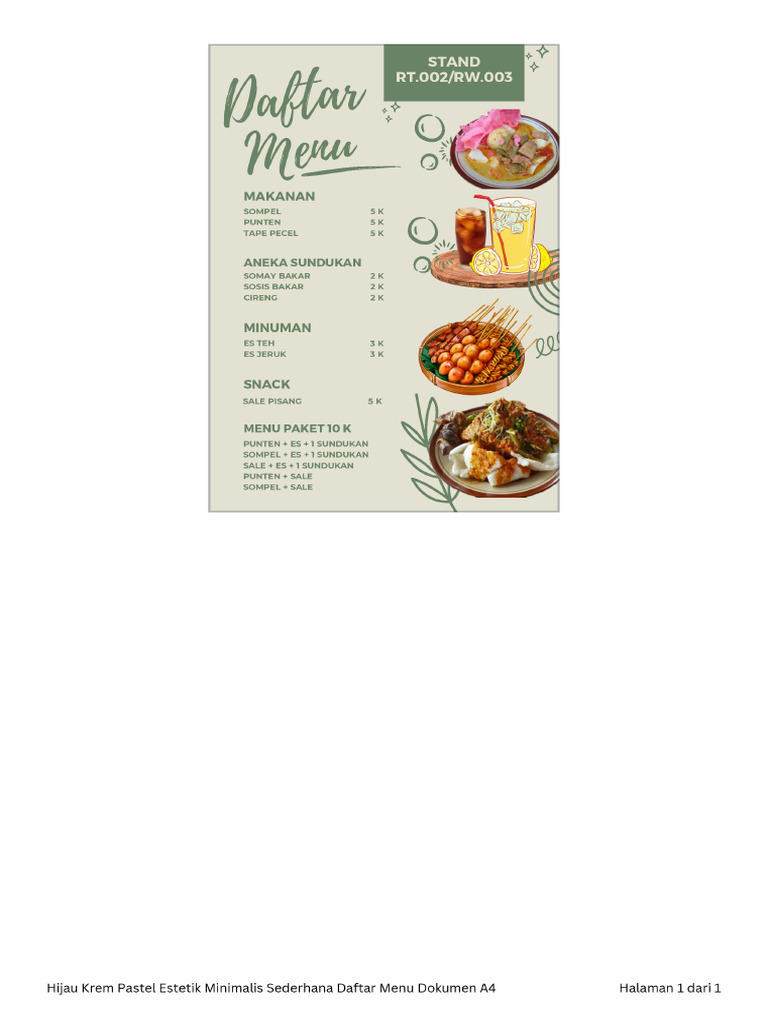 Hijau Krem Pastel Estetik Minimalis Sederhana Daftar Menu Dokumen A4 | PDF