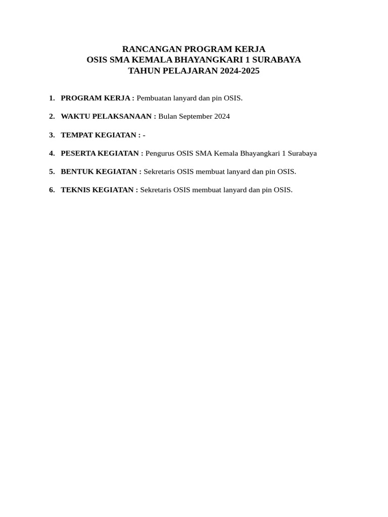 Rancangan Program Kerja Sekretaris 2024-2025-1 | PDF