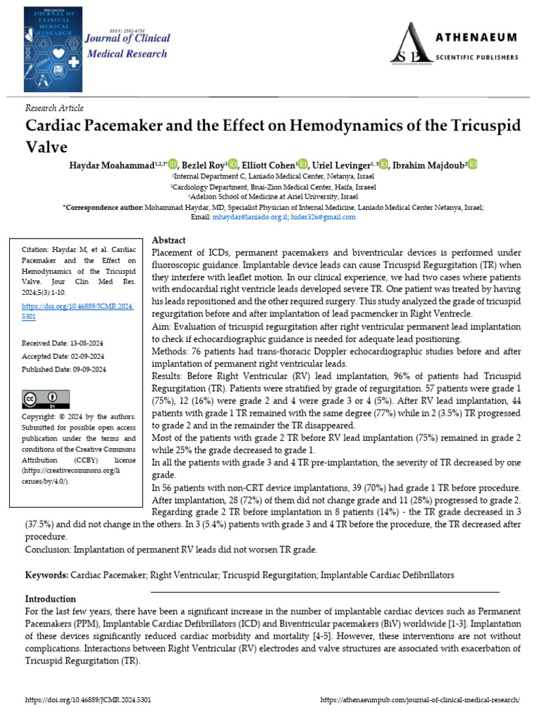 Cardiac Pacemaker and The Effect On Hemodynamics of The Tricuspid Valve ...