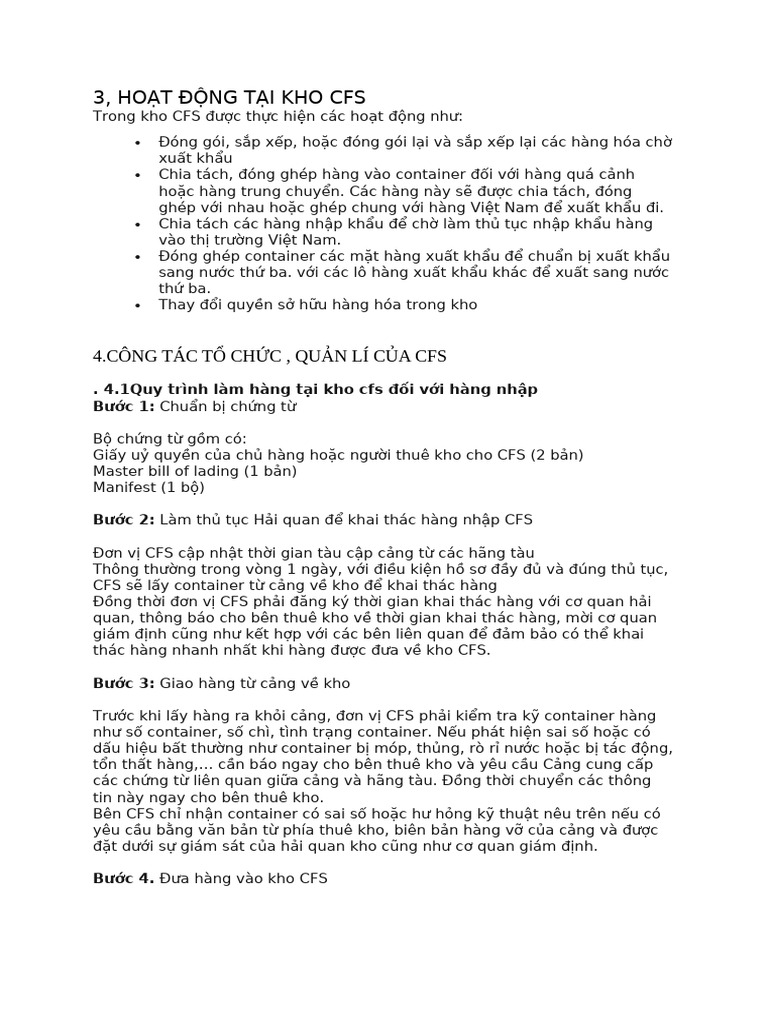 3, Hoạt Động Tại Kho Cfs: 4.Công Tác Tổ Chức, Quản Lí Của Cfs | PDF