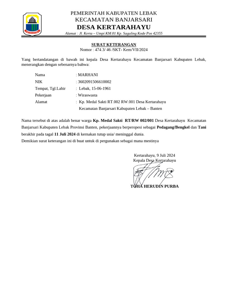 Surat Keterangan Suami Istri Dan Keterangan Faklaring MARHANI | PDF