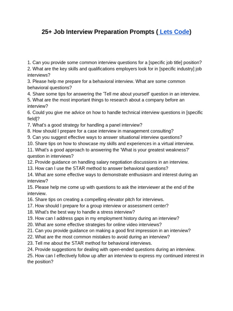 25+ Job Interview Preparation Prompts | PDF