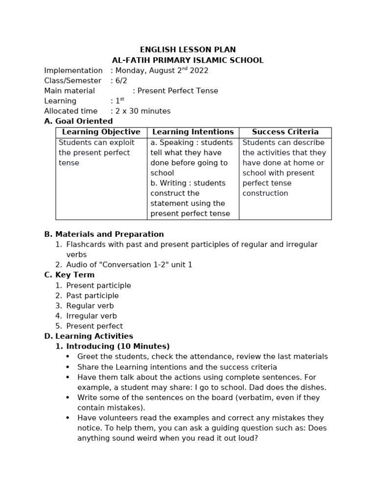 English Lesson Plan | PDF
