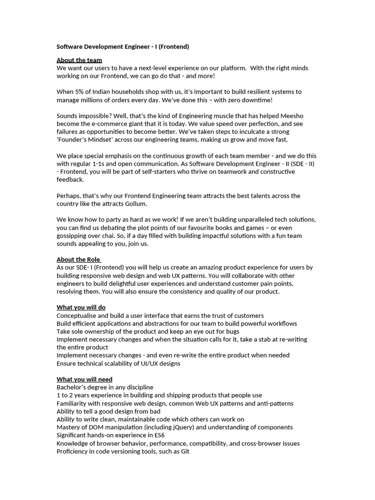 Software Development Engineer I Frontend Pdf