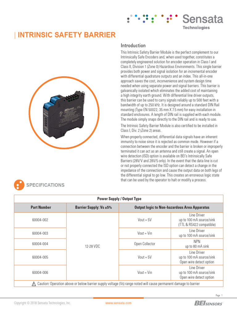Sensata Intrinsic Safety Barrier Datasheet | PDF
