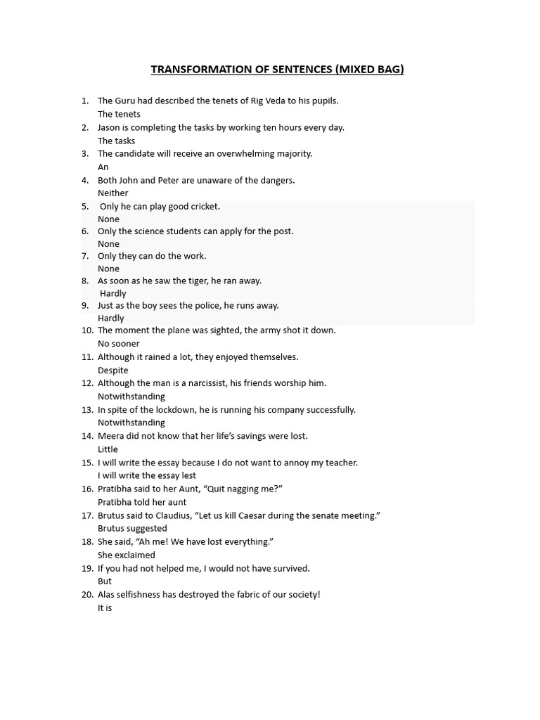Transformation Sentences (Mixed Bag) | PDF