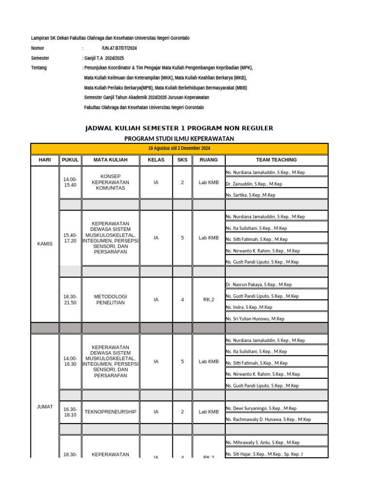 Jadwal Nonreg Sem 1 & 3 | PDF