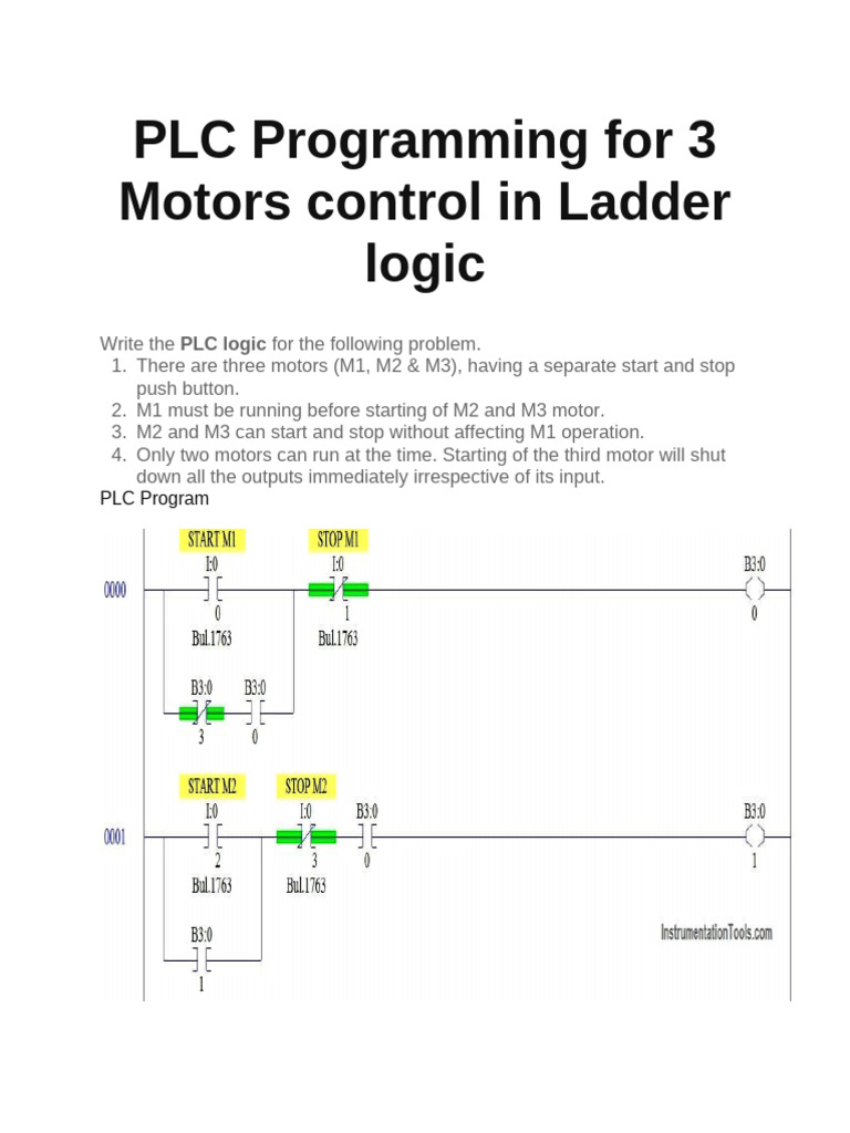 PLC Programming For 3 Motors Control in Ladder Logic | PDF