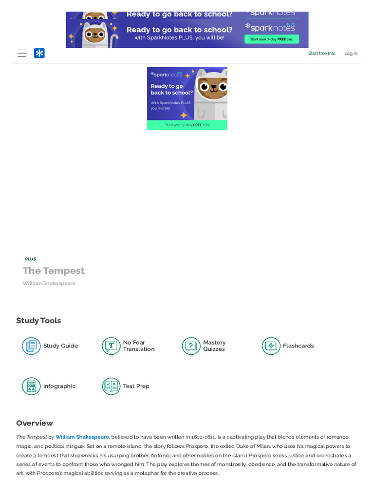 The Tempest - Study Guide - SparkNotes | PDF