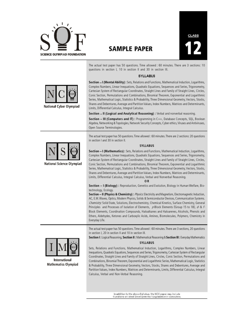 NSO Class 12 PCB Sample Paper | PDF