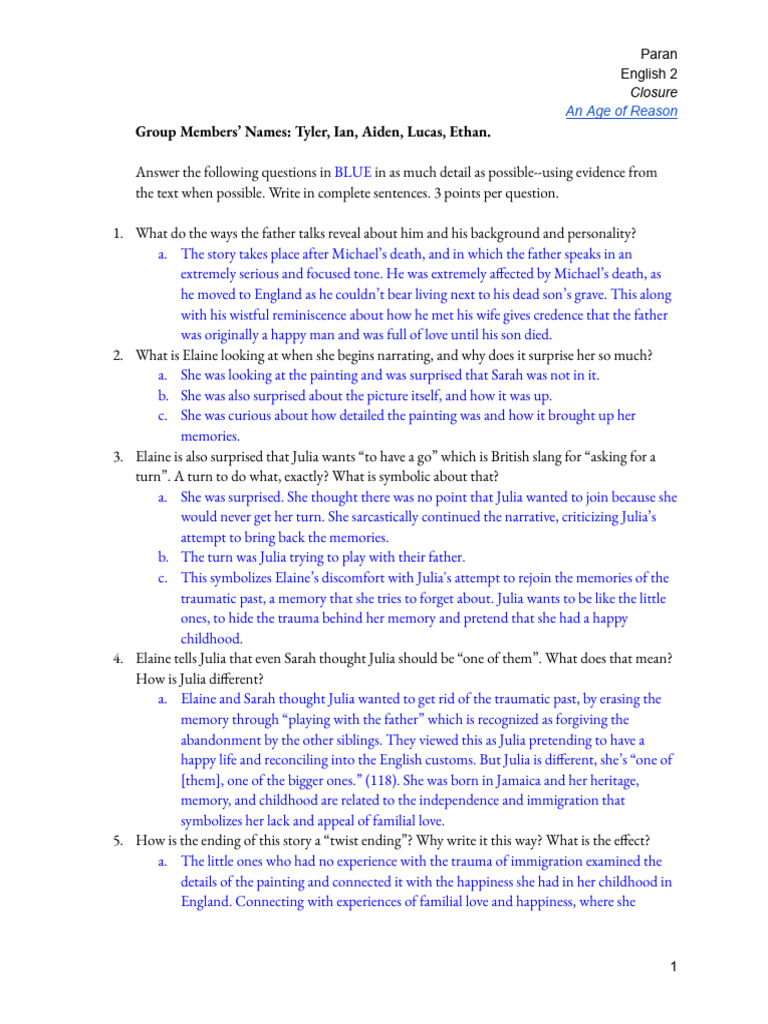 An Age of Reason Discussion Questions | PDF