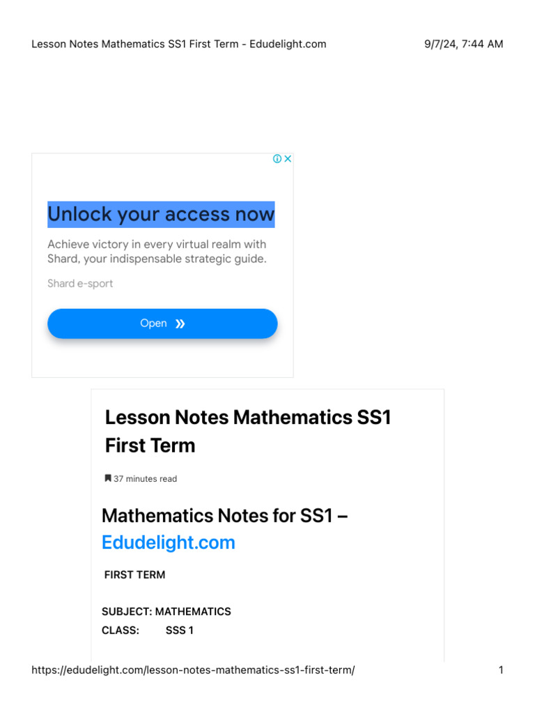 Lesson Notes Mathematics Ss1 First Term | PDF