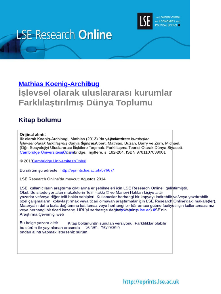 İşlevsel Olarak Farklılaşmış Bir Dünya Toplumunda Uluslararası Kurumlar-Mathias Koenig | PDF
